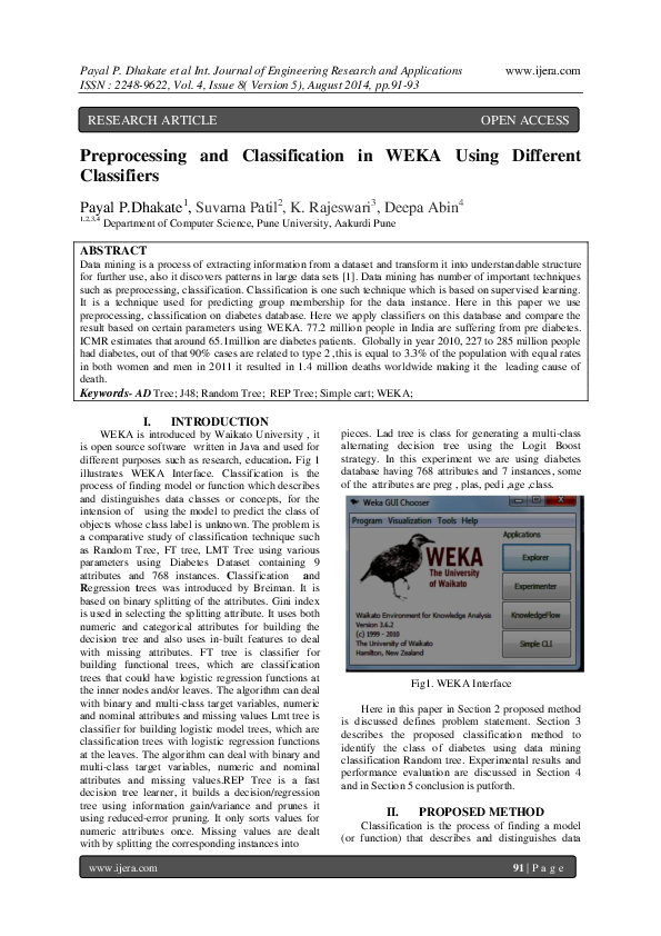 Pdf Preprocessing And Classification In Weka Using Different Classifiers
