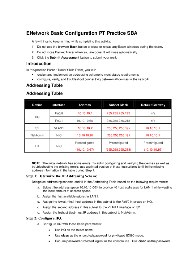 (DOC) ENetwork Basic Configuration PT Practice SBA | asai tasai - Academia.edu