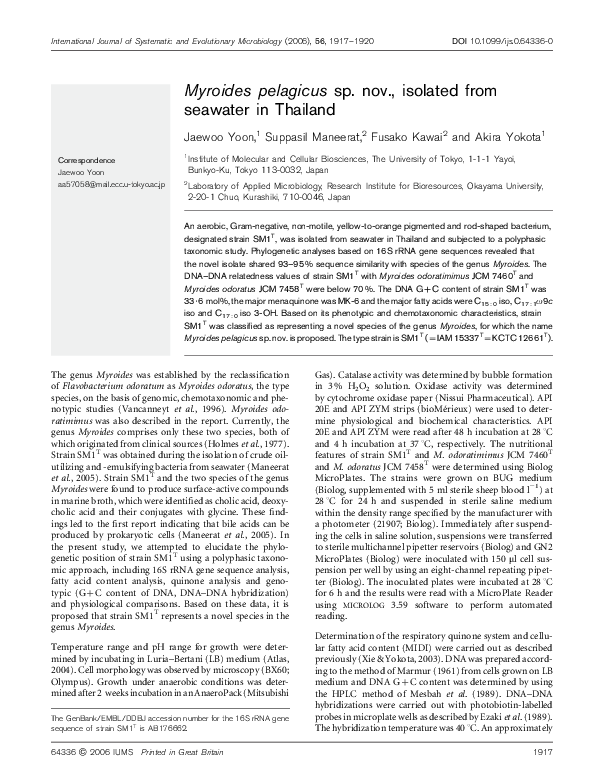 (PDF) Myroides pelagicus sp. nov., isolated from seawater in Thailand