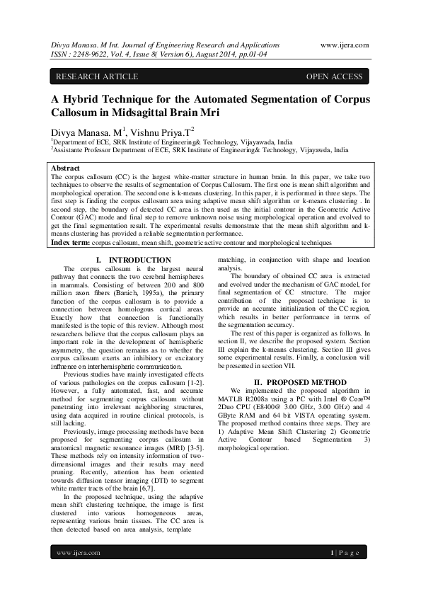 (PDF) A Hybrid Technique for the Automated Segmentation of Corpus Callosum in Midsagittal Brain Mri