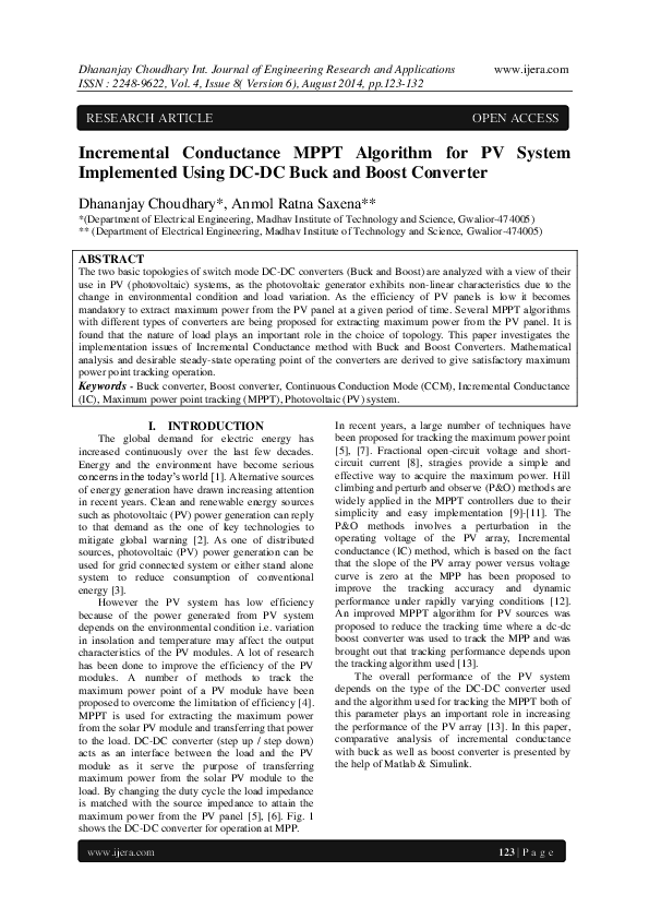 Pdf Incremental Conductance Mppt Algorithm For Pv System Implemented Using Dc Dc Buck And