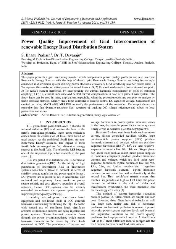 (PDF) Power Quality Improvement of Grid Interconnection of renewable Energy Based Distribution ...
