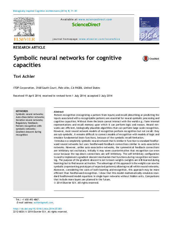 (PDF) Symbolic neural networks for cognitive capacities