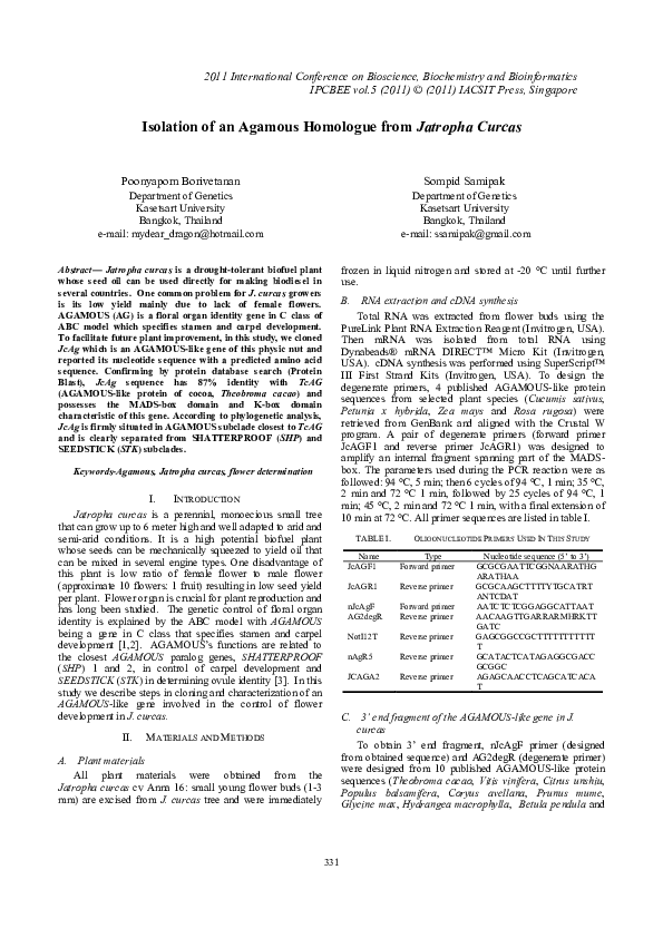 (PDF) Isolation of an Agamous Homologue from Jatropha Curcas