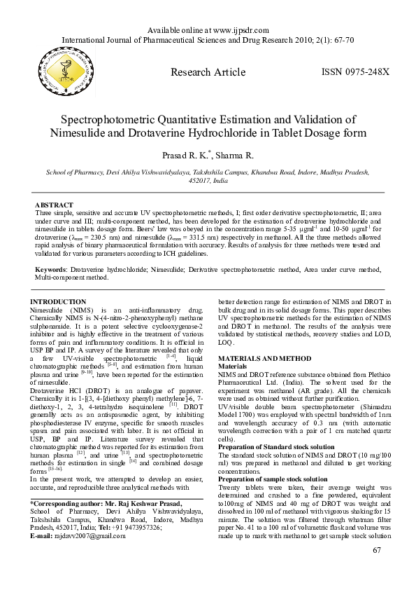 Pdf Spectrophotometric Quantitative Estimation And Validation Of Nimesulide And Drotaverine