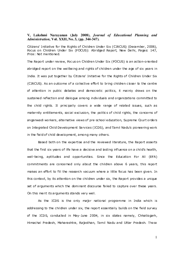 (PDF) Focus on Children Under Six (FOCUS): Abridged Report