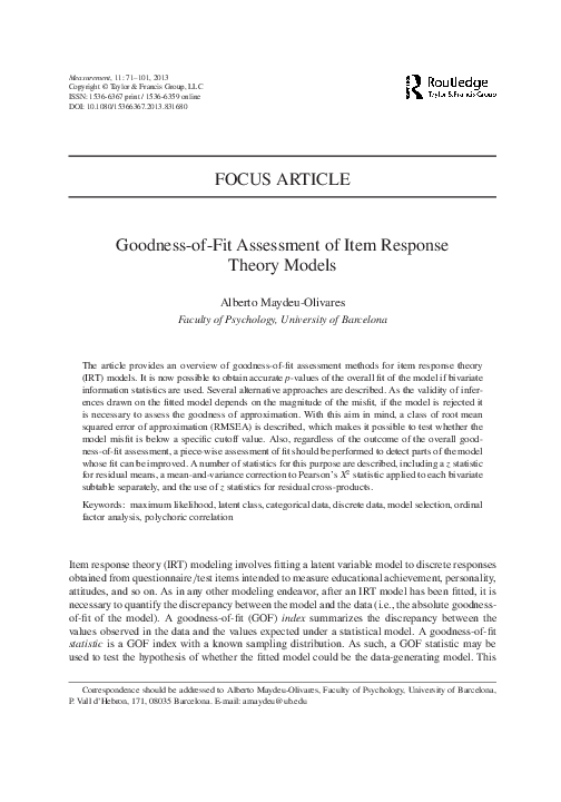 (PDF) Goodness-of-fit assessment of item response theory models