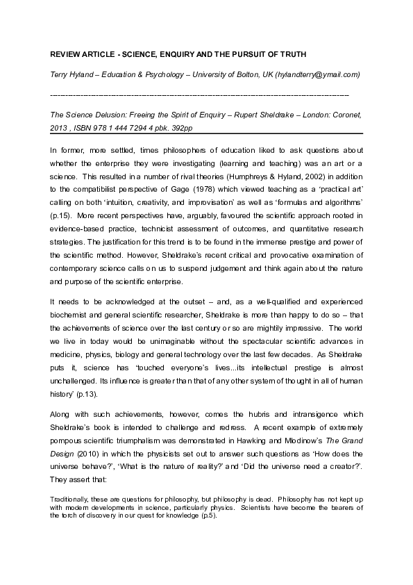 (DOC) Science, Enquiry and the Pursuit of Truth - Review of 'The ...