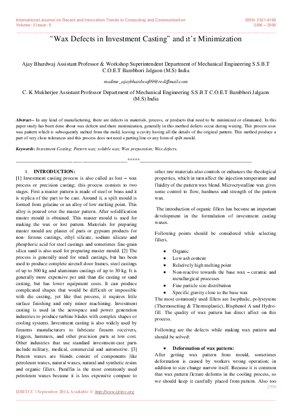 "Wax Defects in Investment Casting" and it's Minimization