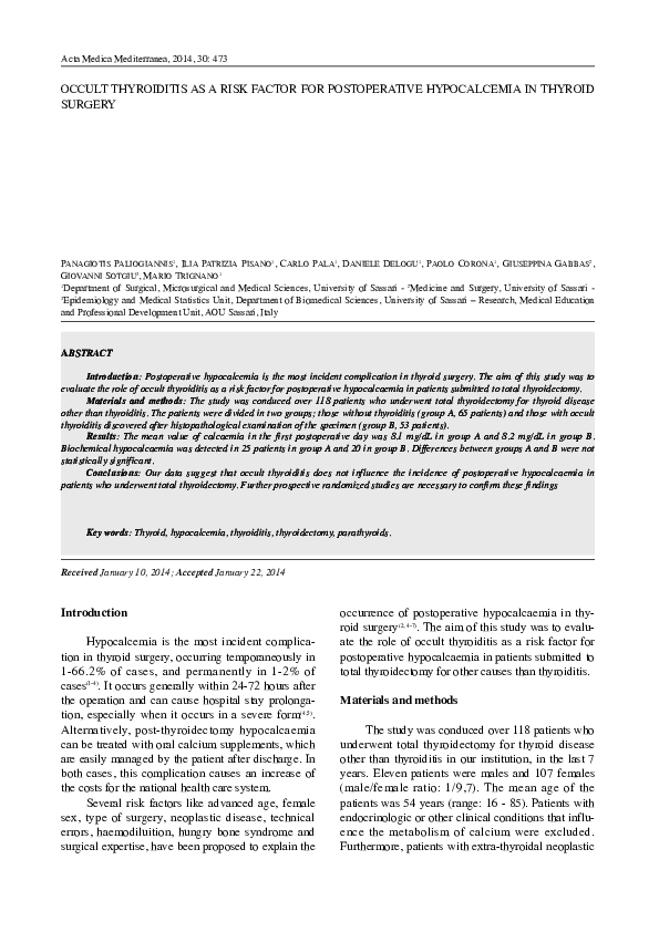 (PDF) OCCULT THYROIDITIS AS A RISK FACTOR FOR POSTOPERATIVE HYPOCALCEMIA IN THYROID SURGERY