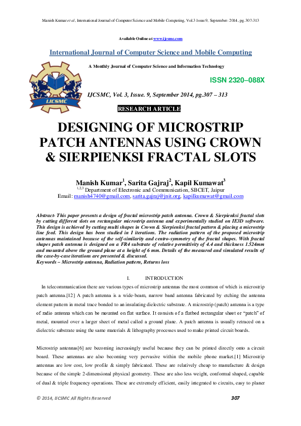 (PDF) DESIGNING OF MICROSTRIP PATCH ANTENNAS USING CROWN & SIERPIENKSI FRACTAL SLOTS