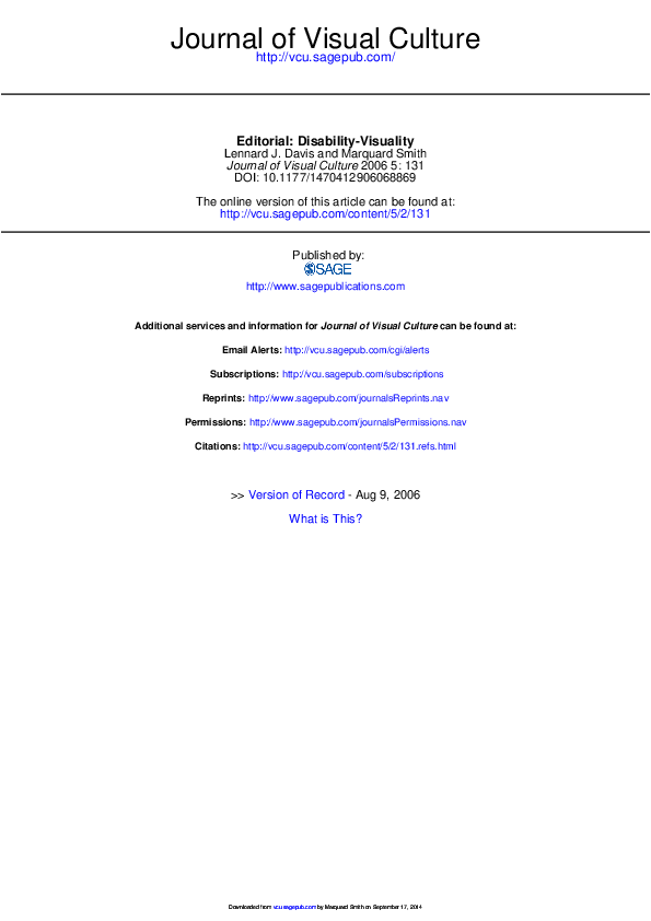 (PDF) Editorial, Disability-Visuality by Lennard J. Davis and Marquard ...