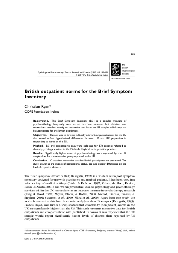 (PDF) British outpatient norms for the Brief Symptom Inventory