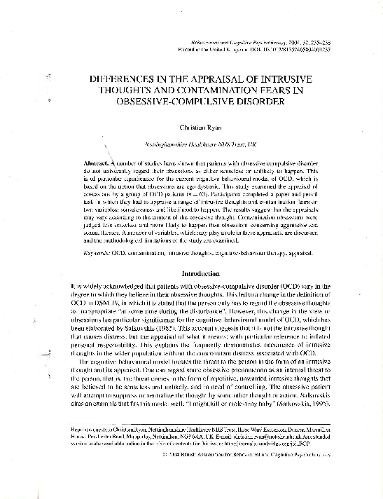 (PDF) DIFFERENCES IN THE APPRAISAL OF INTRUSIVE THOUGHTS AND ...