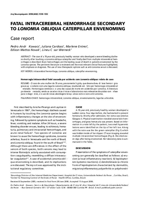(PDF) Fatal intracerebral hemorrhage secondary to Lonomia obliqua caterpillar envenoming: case ...