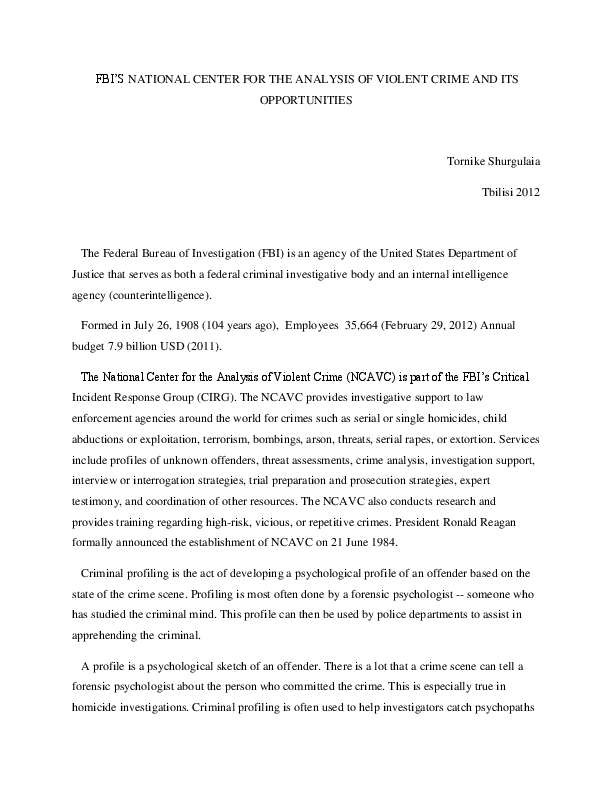 (DOC) FBI’S NATIONAL CENTER FOR THE ANALYSIS OF VIOLENT CRIME AND IT'S ...