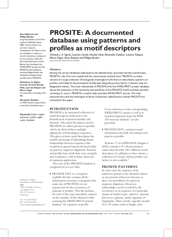 (PDF) PROSITE: a documented database using patterns and profiles as ...