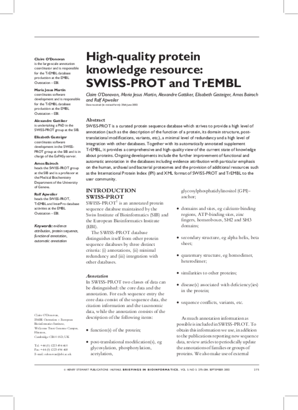 (PDF) High-quality protein knowledge resource: SWISS-PROT and TrEMBL