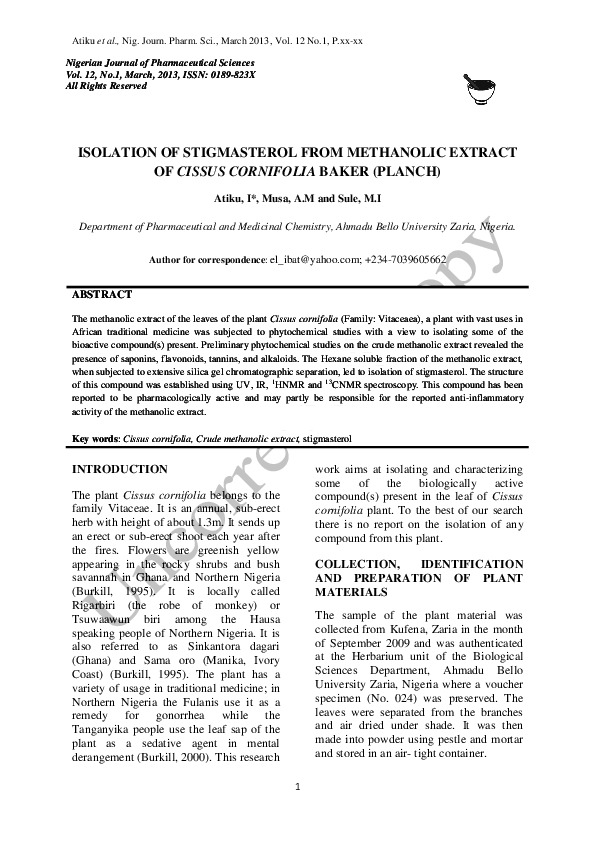 Pdf Isolation Of Stigmasterol From Methanolic Extract Of Cissus