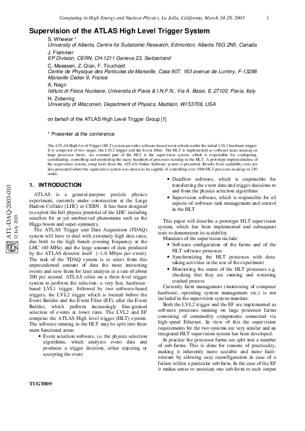(PDF) Supervision of the ATLAS High Level Trigger System