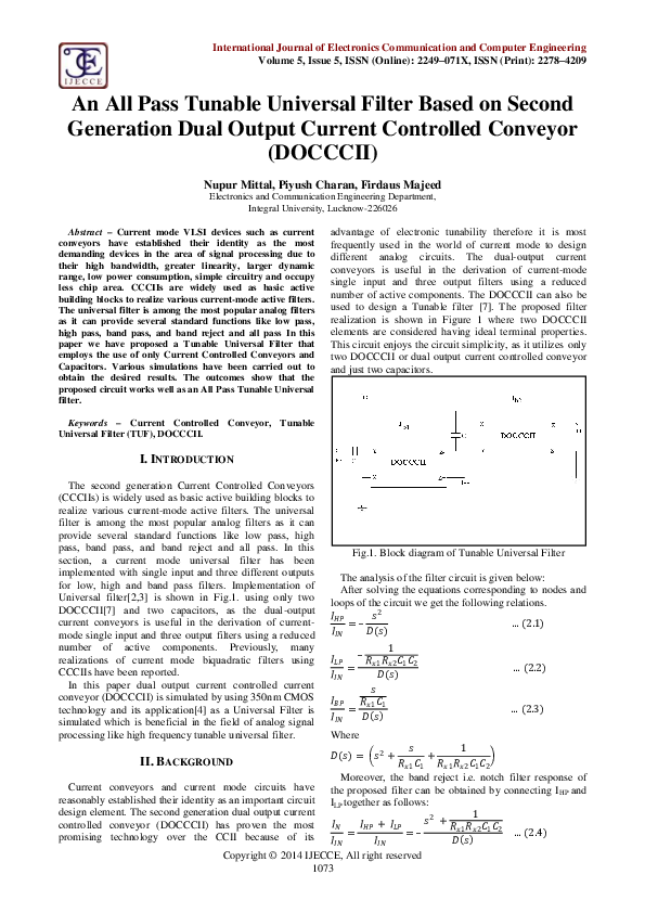 Pdf An All Pass Tunable Universal Filter Based On Second Generation Dual Output Current