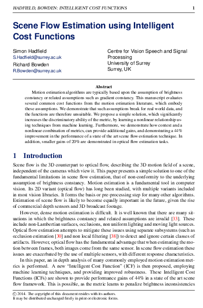 Pdf Scene Flow Estimation Using Intelligent Cost Functions