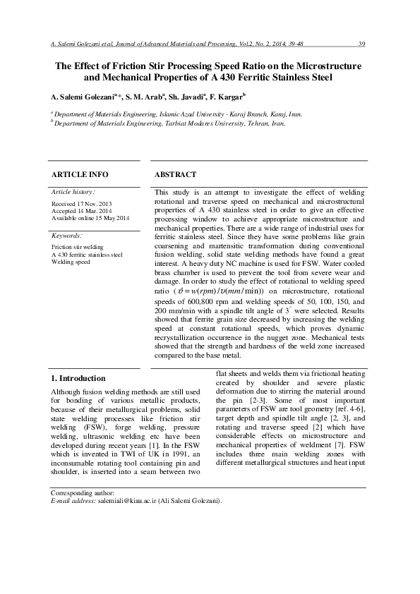(PDF) The Effect of Friction Stir Processing Speed Ratio on the Microstructure and Mechanical ...