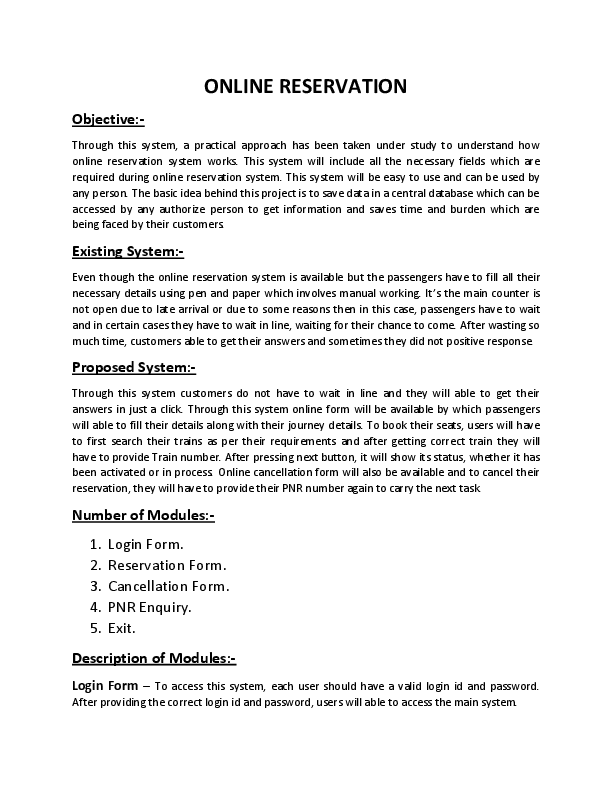 (DOC) ONLINE RESERVATION Objective