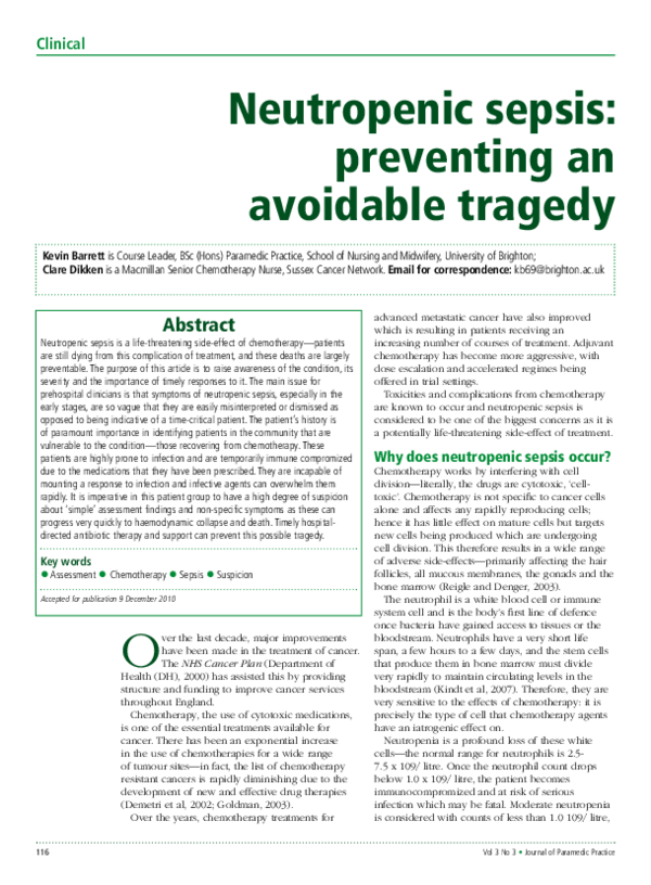 (PDF) Neutropenic Sepsis - preventing an avoidable tragedy