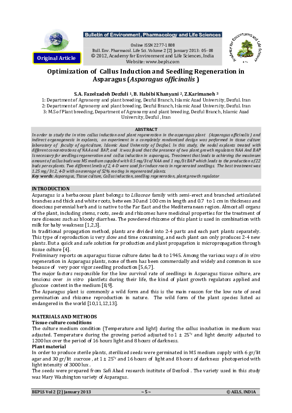 (PDF) BEPLS Vol 2 [2] January 2013 Optimization of Callus Induction and Seedling Regeneration in ...