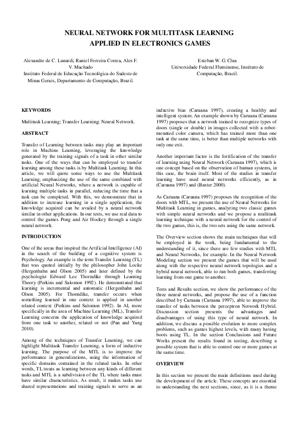 (PDF) NEURAL NETWORK FOR MULTITASK LEARNING APPLIED IN ELECTRONICS GAMES