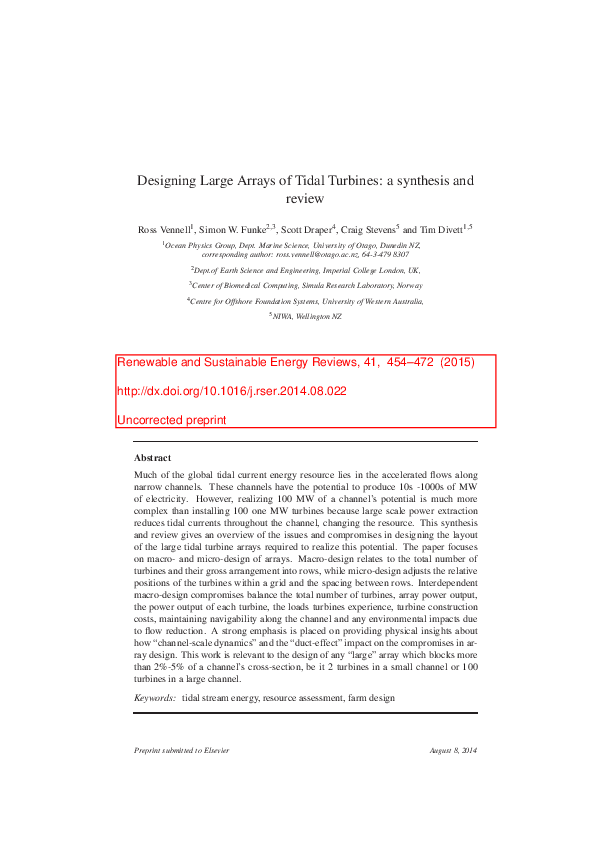 Designing Large Arrays Of Tidal Turbines A Synthesis And Review