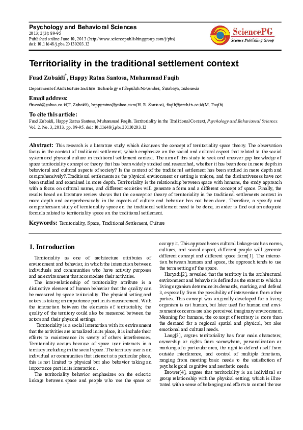 (PDF) Psychology and Behavioral Sciences Territoriality in the ...