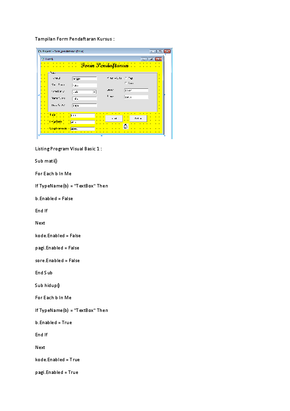 (DOC) Tampilan Form Pendaftaran Kursus : Listing Program Visual Basic 1