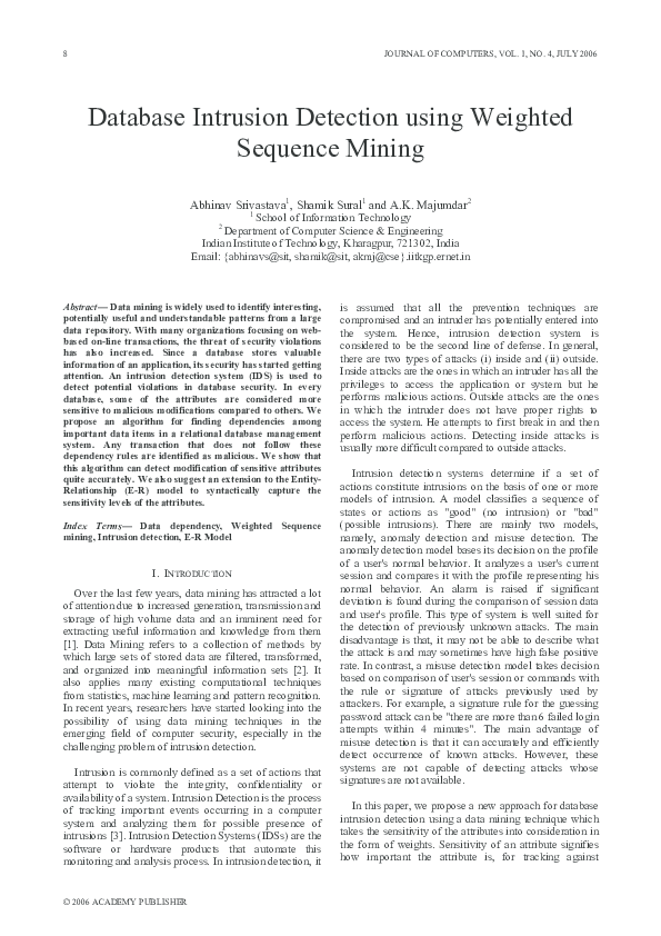 Pdf Database Intrusion Detection Using Weighted Sequence Mining