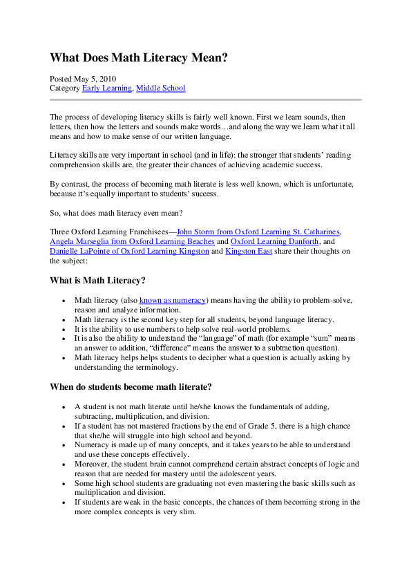 (DOC) What Does Math Literacy Mean
