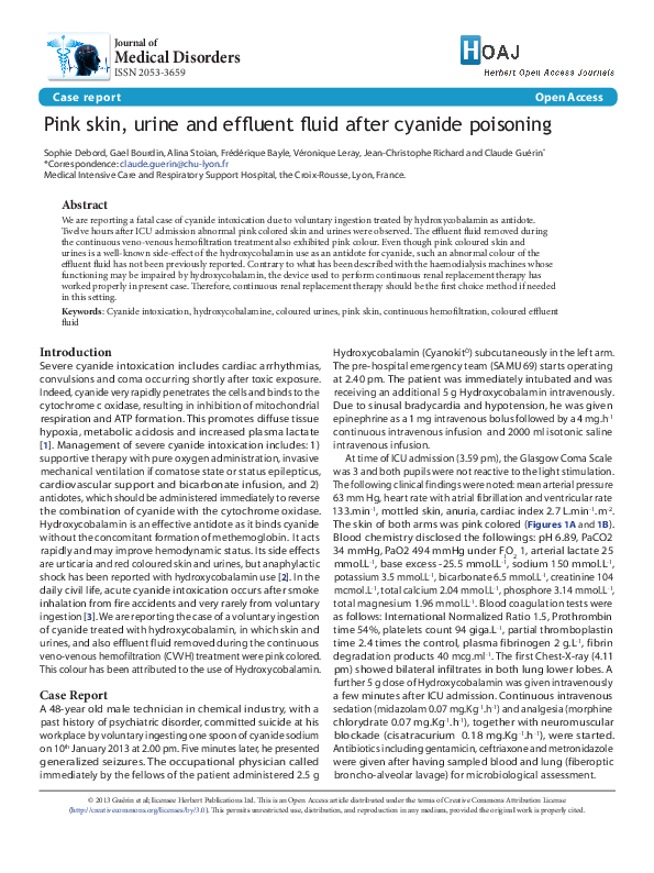 (PDF) Pink skin, urine and effluent fluid after cyanide poisoning