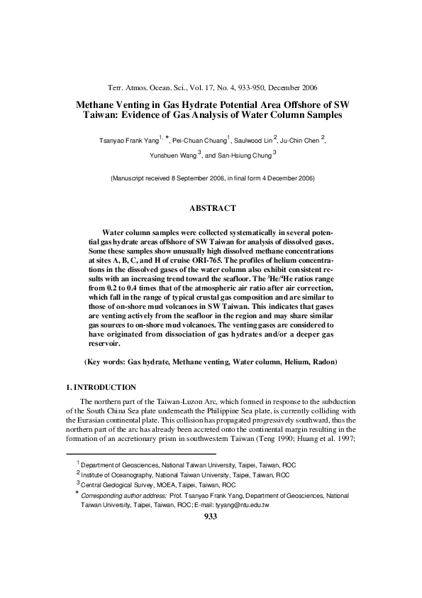 (PDF) Methane Venting in Gas Hydrate Potential Area Offshore of SW ...