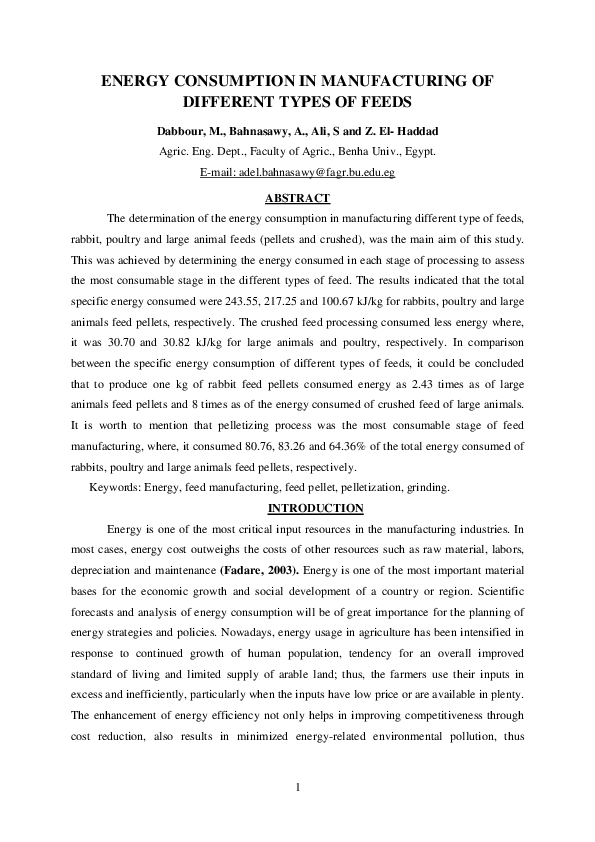 (DOC) ENERGY CONSUMPTION IN MANUFACTURING OF DIFFERENT TYPES OF FEEDS