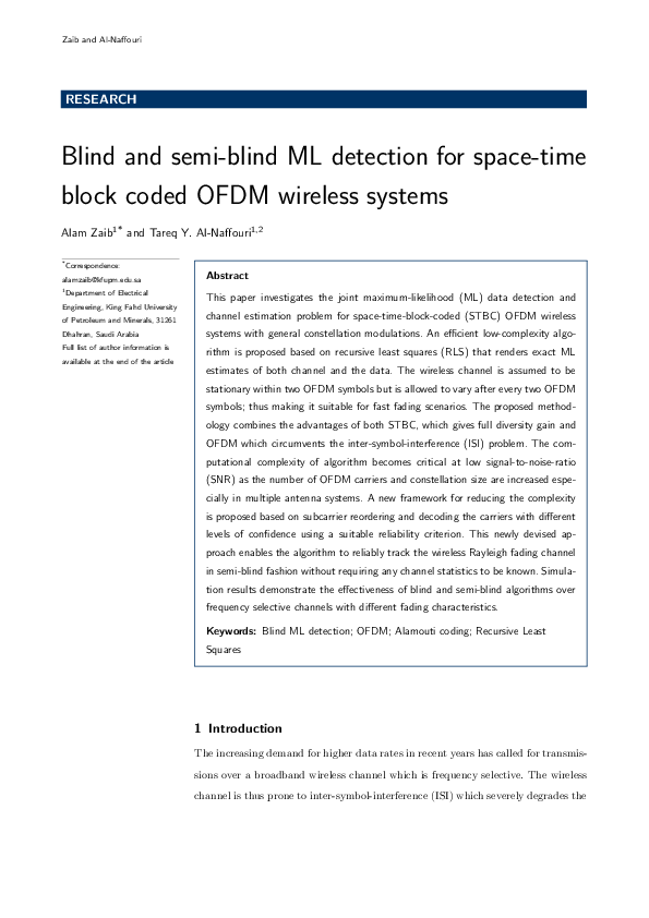 Pdf Zaib And Al Naffouri Blind And Semi Blind Ml Detection For Space Time Block Coded Ofdm