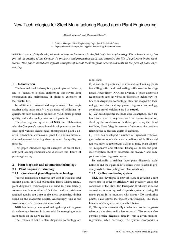 (PDF) New Technologies for Steel Manufacturing Based upon Plant Engineering