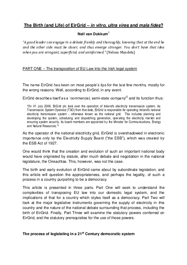 (DOC) “The Birth (and Life) of EirGrid: in vitro, ultra vires and mala fides?– Part 1”