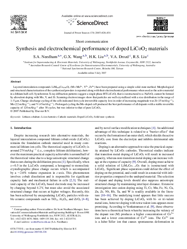 (PDF) Electrochemical Performance of Doped LiCoO2 Materials
