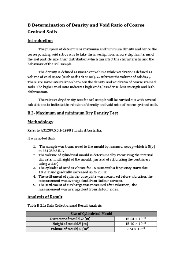 (DOC) B Determination of Density and Void Ratio of Coarse Grained Soils Introduction