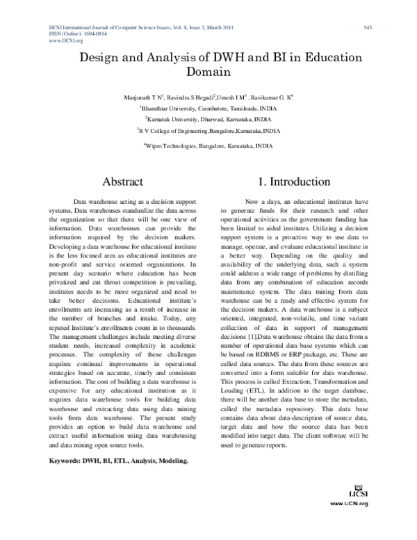 (PDF) Design and Analysis of DWH and BI in Education Domain