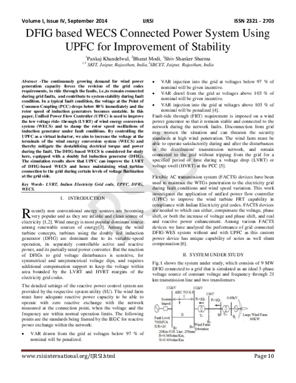 Pdf Dfig Based Wecs Connected Power System Using Upfc For Improvement