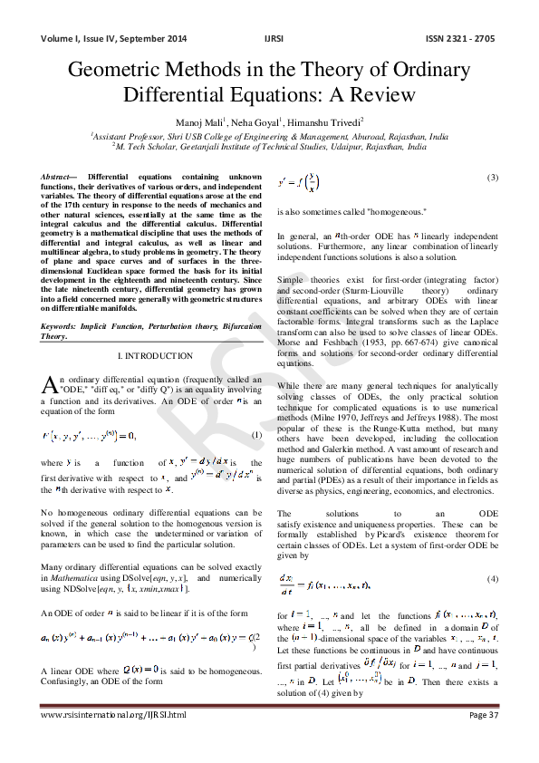 (PDF) Geometric Methods in the Theory of Ordinary Differential Equations: A Review
