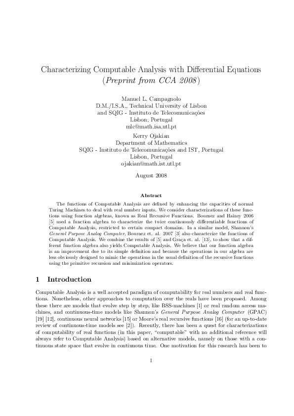 (PDF) Characterizing Computable Analysis with Dierential Equations (Preprint from CCA 2008 ...