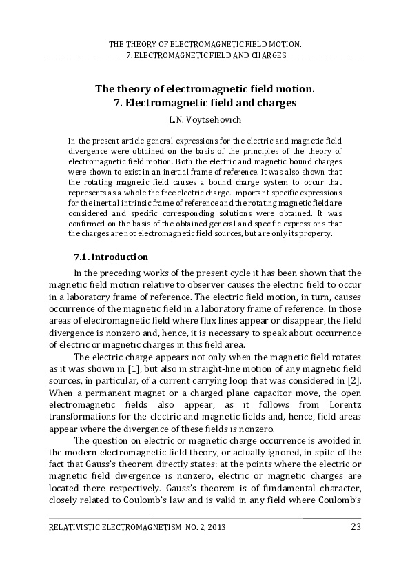 (PDF) The theory of electromagnetic field motion. 7. Electromagnetic ...
