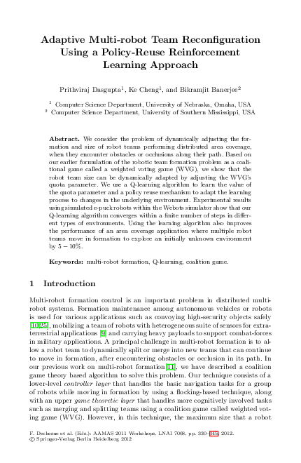 (PDF) Adaptive Multi-robot Team Reconfiguration Using a Policy-Reuse Reinforcement Learning Approach